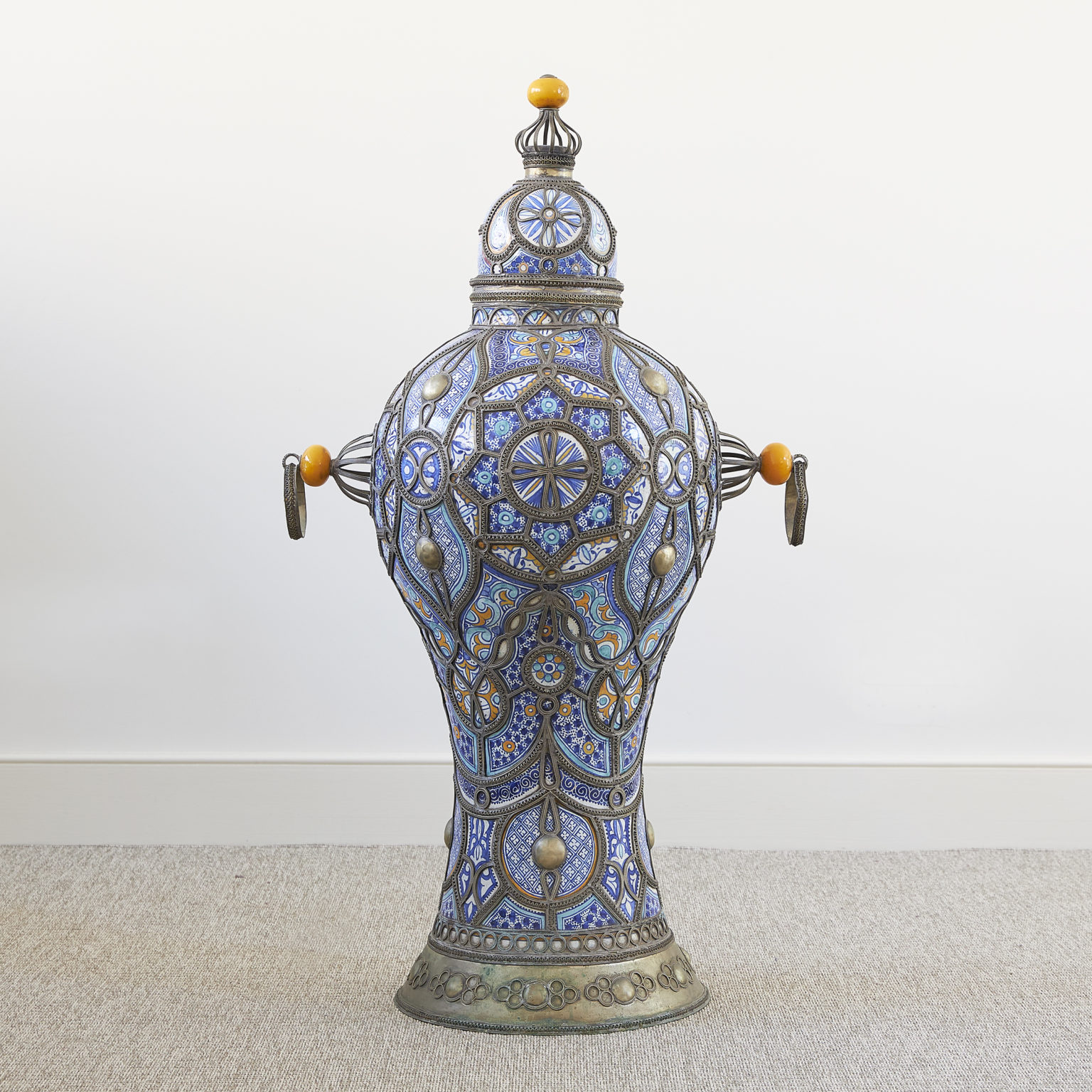 Large Moroccan silver-mounted, lidded pottery jar - BEAR Petworth