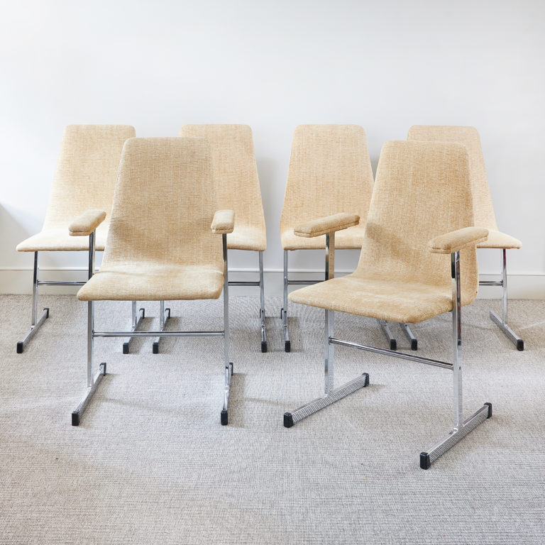 Set of six British upholstered chrome high-back ‘Lisse’ dining chairs ...
