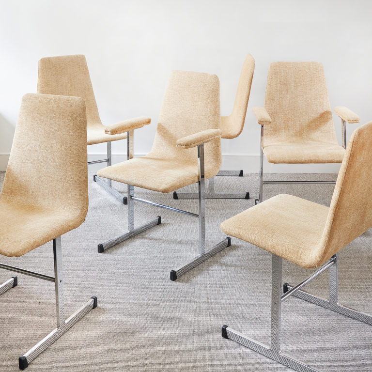 Set of six British upholstered chrome high-back ‘Lisse’ dining chairs ...
